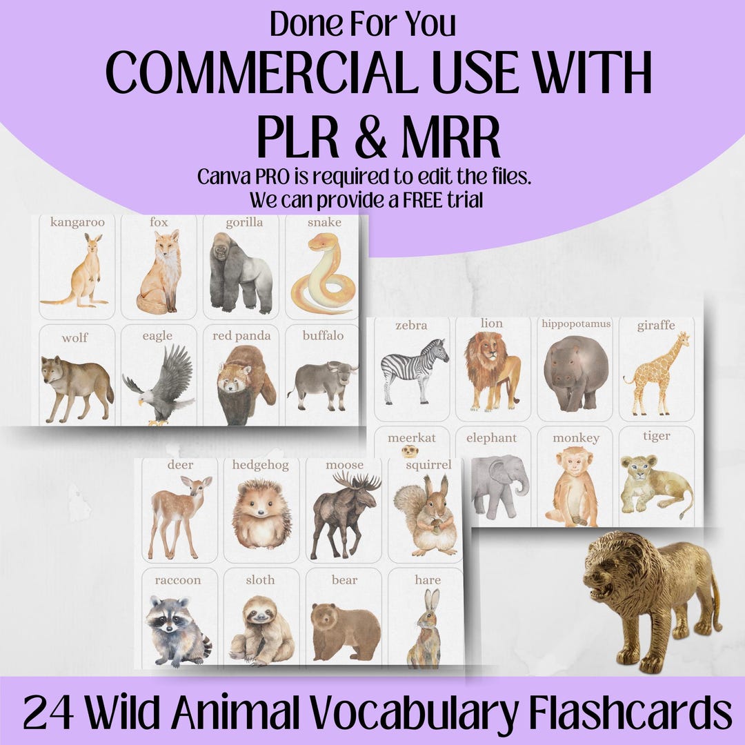 PLR Wild Animals Vocabulary Flashcards MRR Commercial Use Resell ...