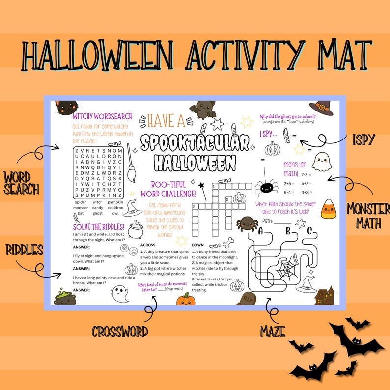 Halloween Activity Placemat Printable, Kids Coloring & Puzzle Sheet ...