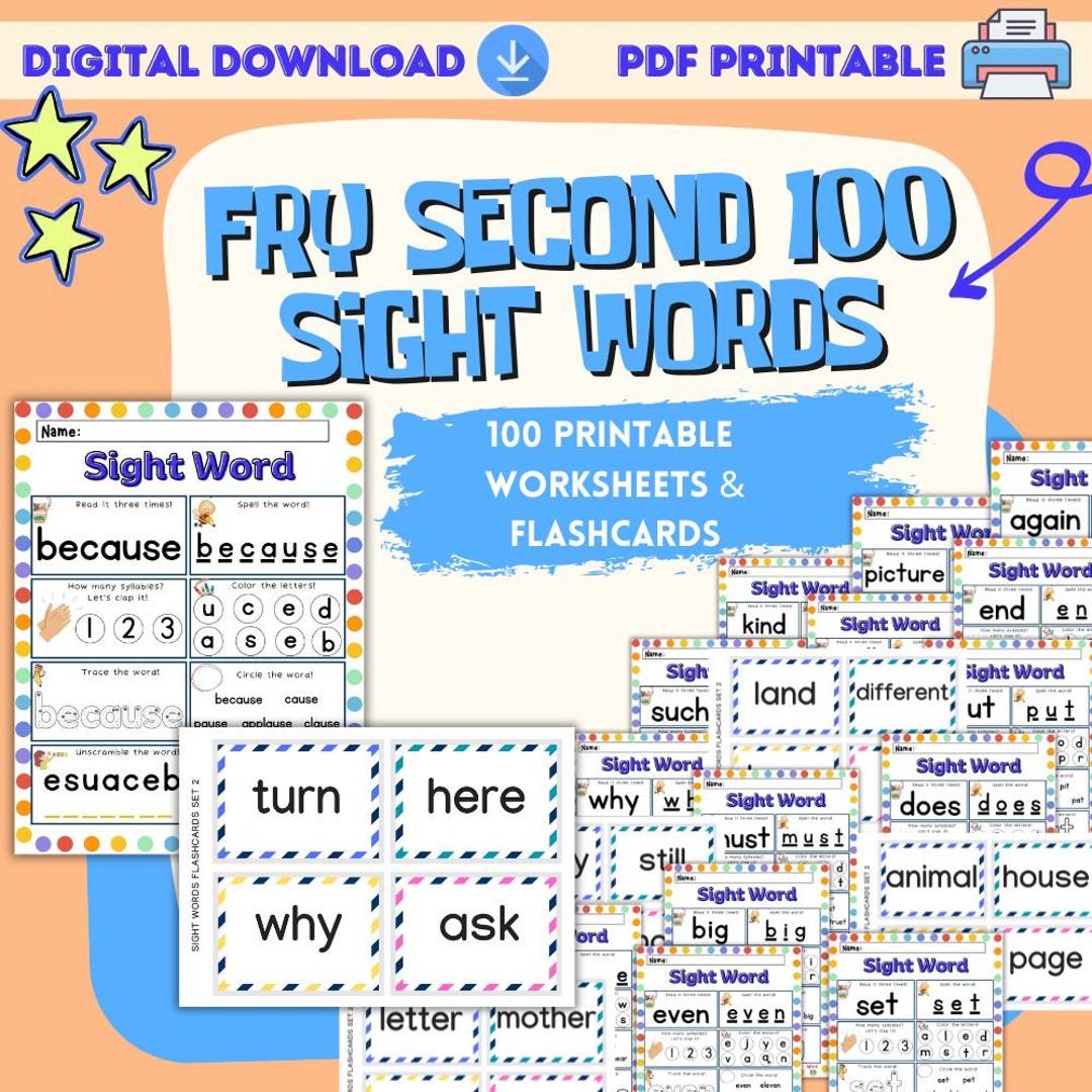 Fry Second 100 Sight Words Printable Worksheets and Flash Cards Set 2 ...