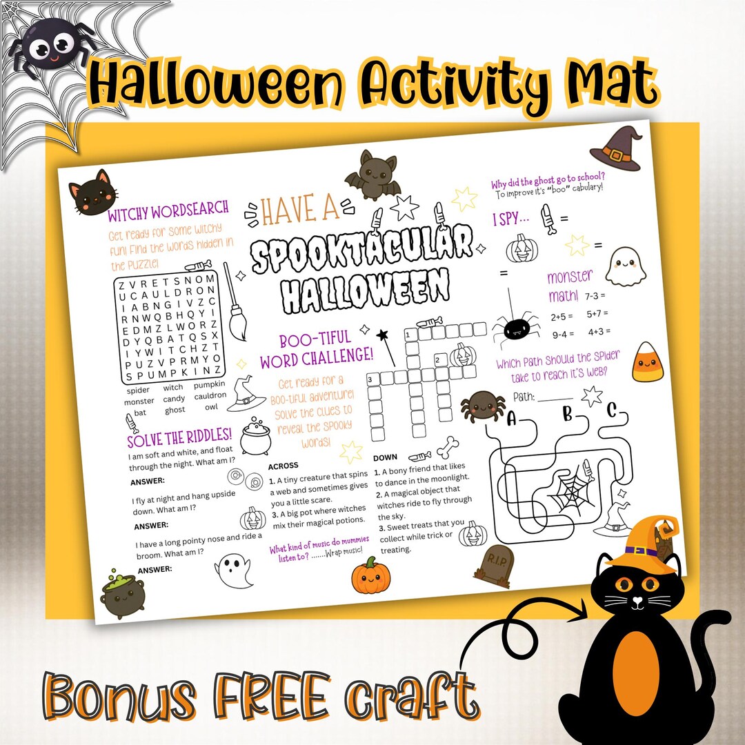 Halloween Activity Placemat Printable, Kids Coloring & Puzzle Sheet ...