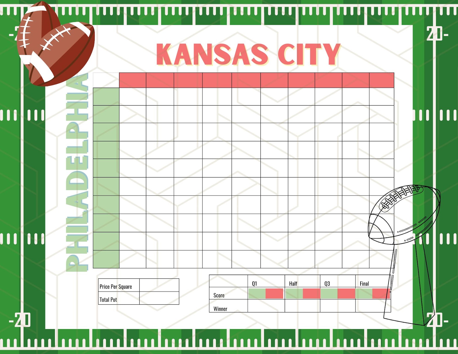 Football Super Bowl Square Game 2025, Super Bowl Boxes, Football ...