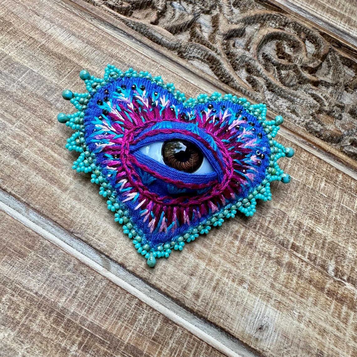 Embroidered Eyeball Heart Brooch With Beaded Edging, Textile Art ...