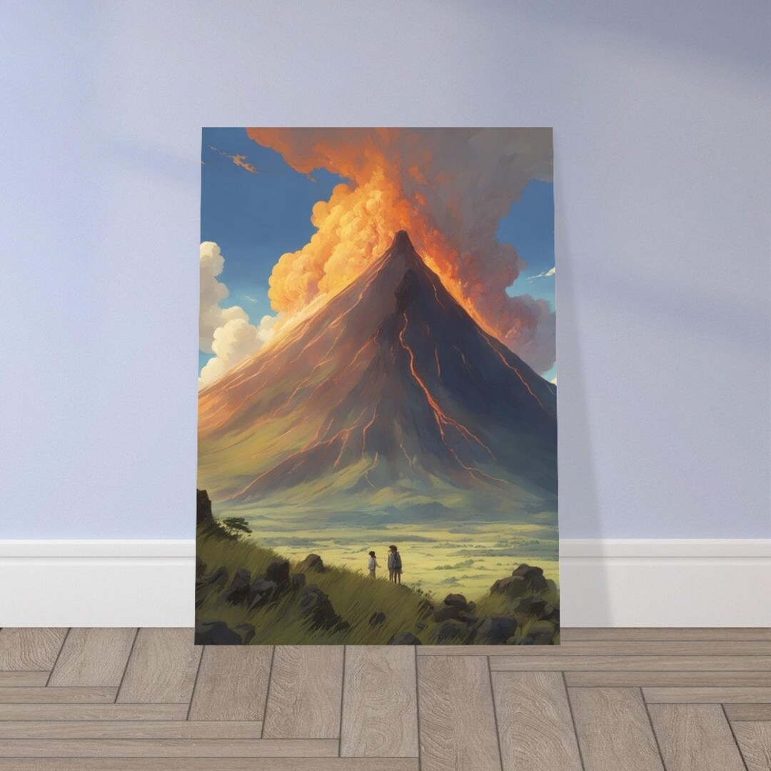 Studio Ghibli Inspired Volcano Erupting With Two People in a Flowing ...
