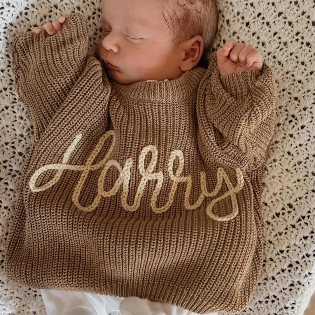 Crochet Knit Baby Name Sweater, Embroidered One Sweater, Baby Going ...