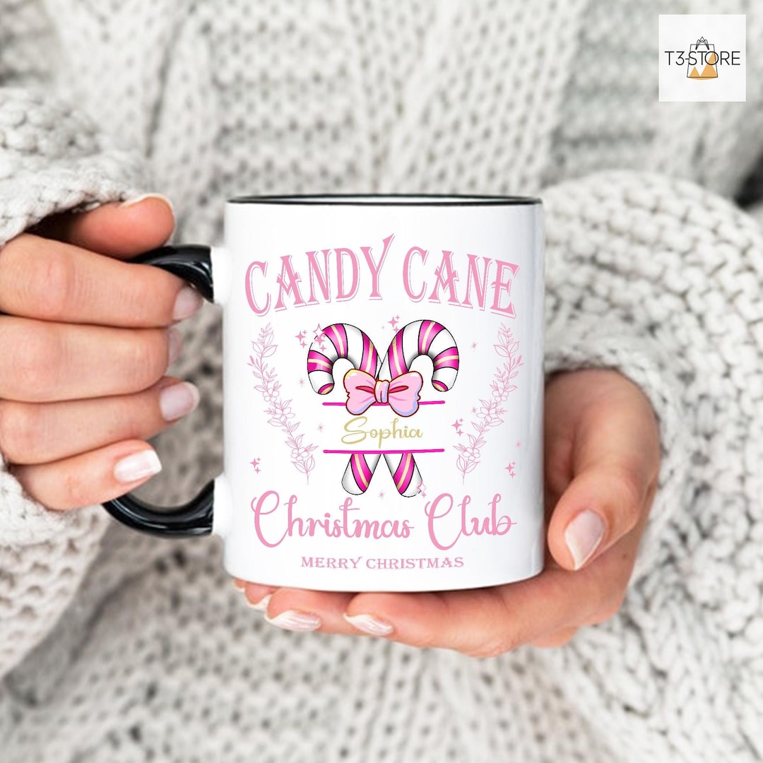 Personalized Candy Cane Mug, Pink Christmas Accent Mug, Candy Cane ...
