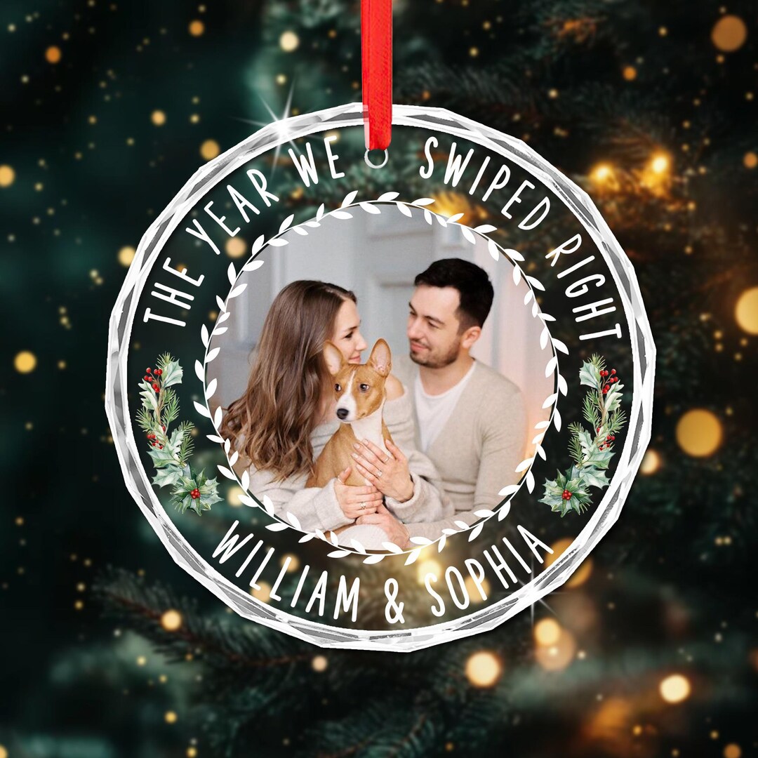 The Year We Swiped Right Ornament, Custom Photo Heart Glass Ornament ...