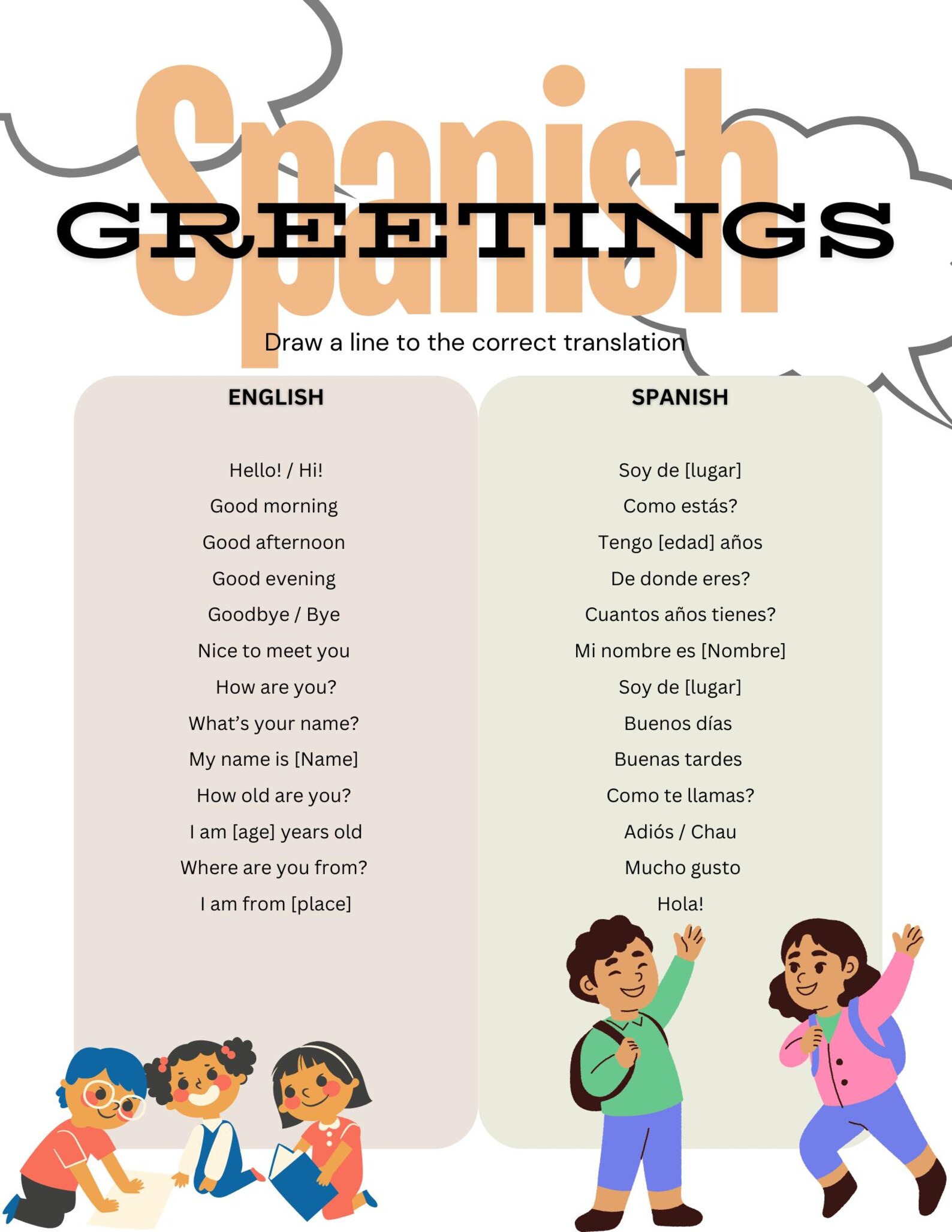 Spanish Greetings Learning & Matching PDF Bilingual Educational ...