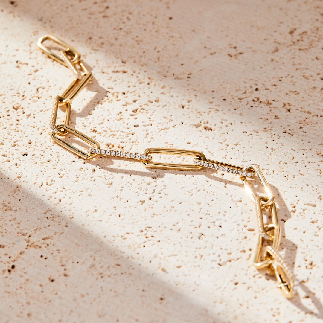 14K Gold & Diamond Link Chain Bracelet | Lab Grown Diamond Jewelry | Modern Jewelry | Paperclip ...