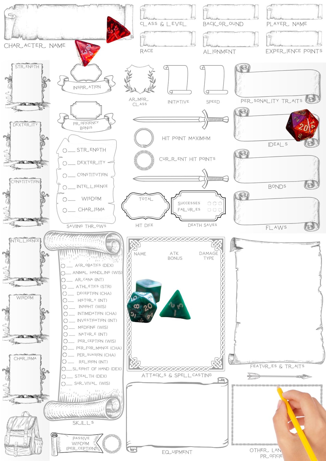 D&D 5E Character Sheet - Custom Hand-designed, Printable Template - Etsy