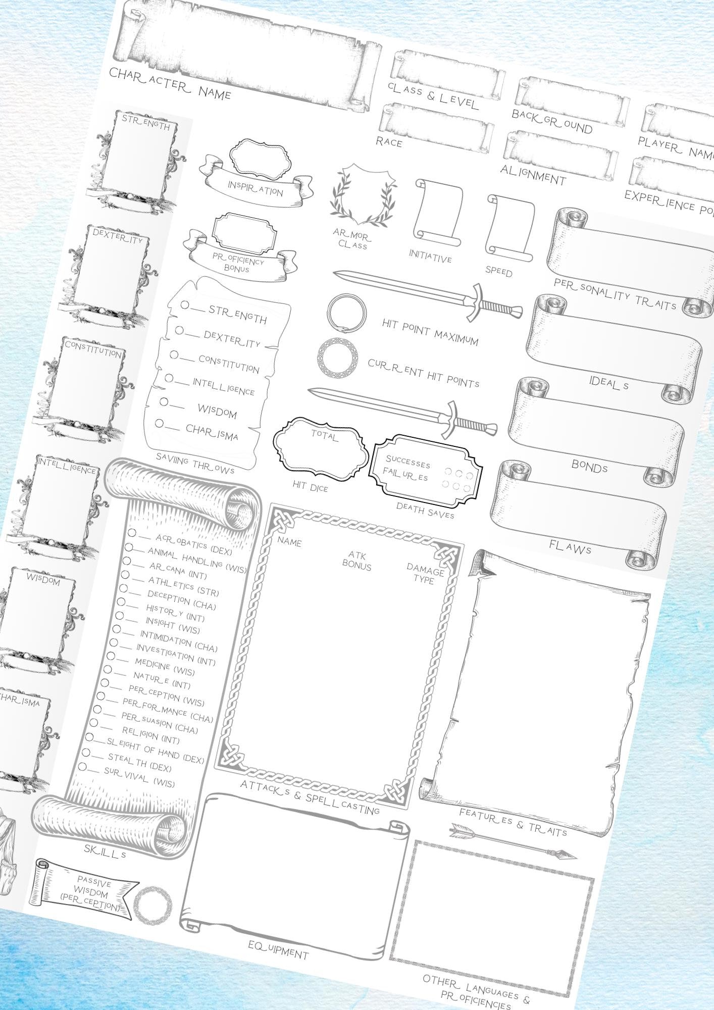 D&D 5E Character Sheet - Custom Hand-designed, Printable Template - Etsy