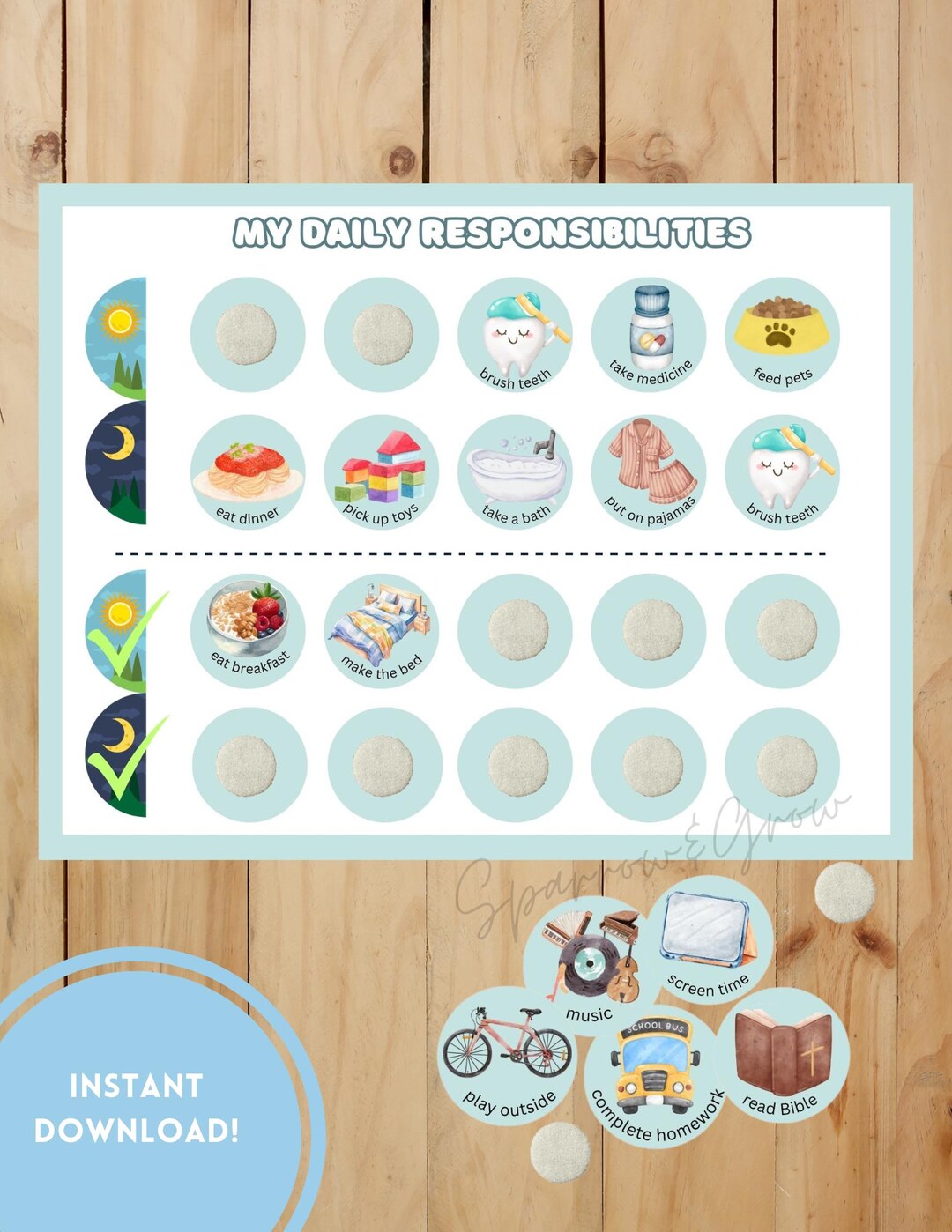 Kids Daily Responsibilities Chart, Printable Daily Routine, Chore Chart ...