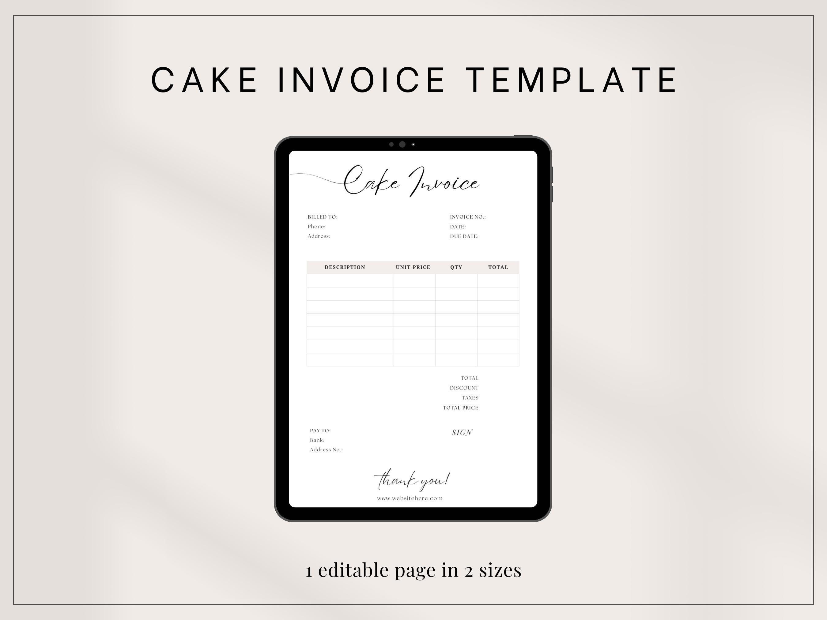 Editable Bakery Invoice Template, Minimalistic Customizable Cake ...