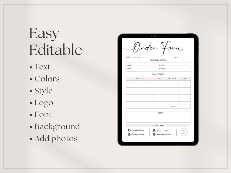 Editable Order Form Template, Professional Printable Custom Order Sheet ...