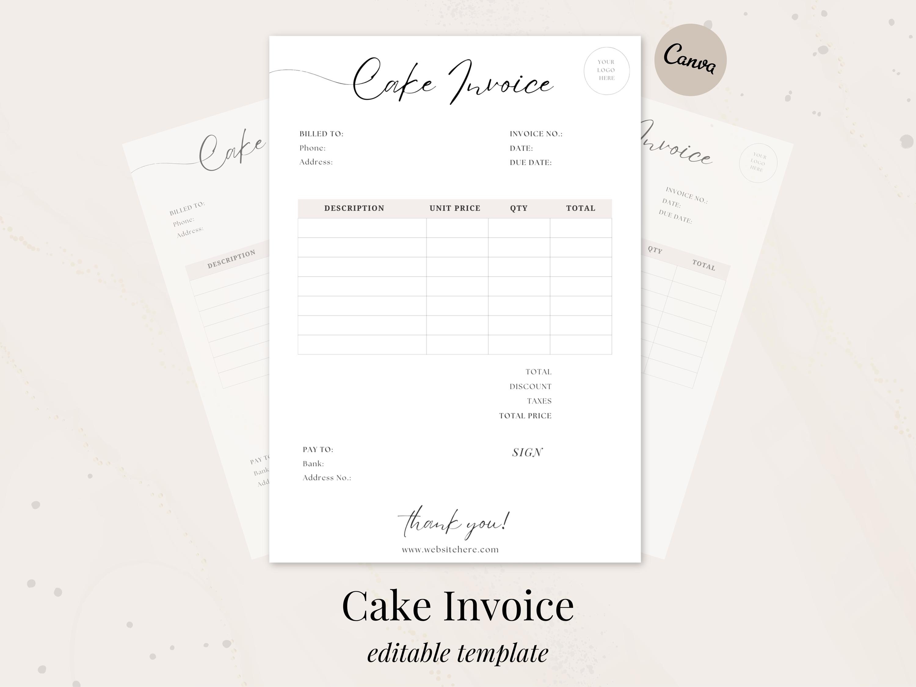 Cake Invoice Template for Bakery Business | Editable Invoice Form ...