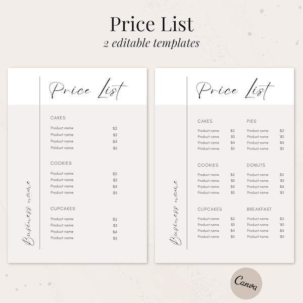 Price List Template Editable Price List for Small Business Bakery ...