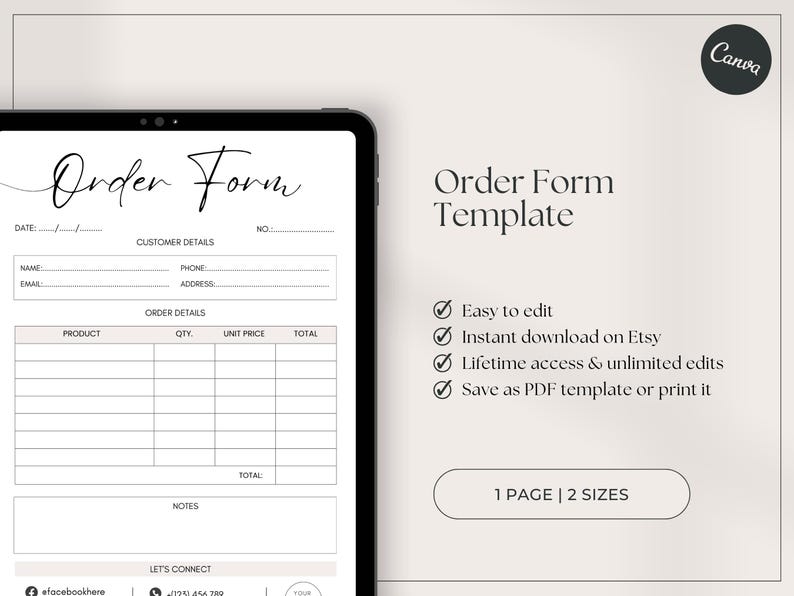 Editable Order Form Template, Professional Printable Custom Order Sheet ...