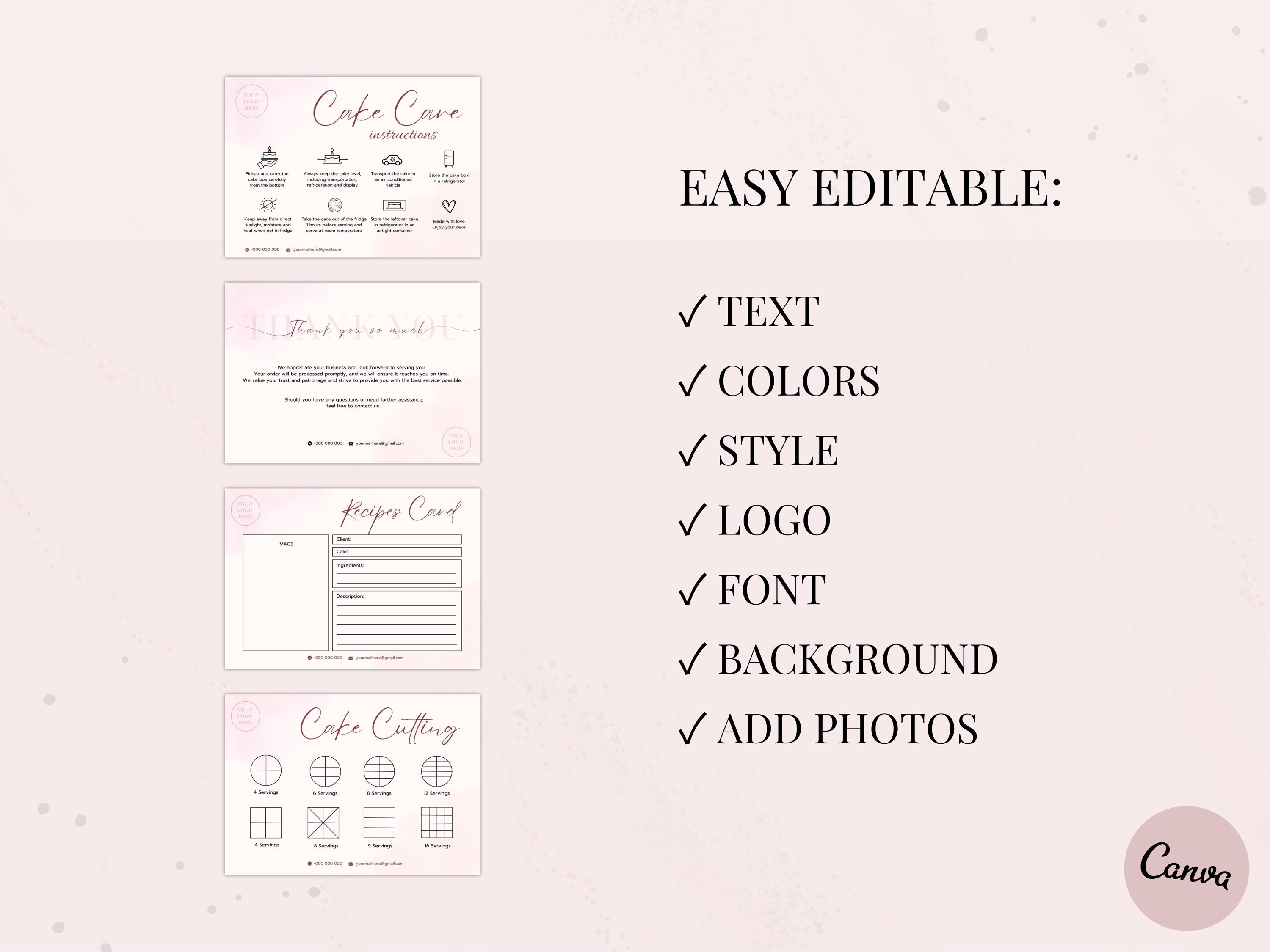 Editable Bakery Cake Care Cards Bundle, Printable Wedding Cake ...