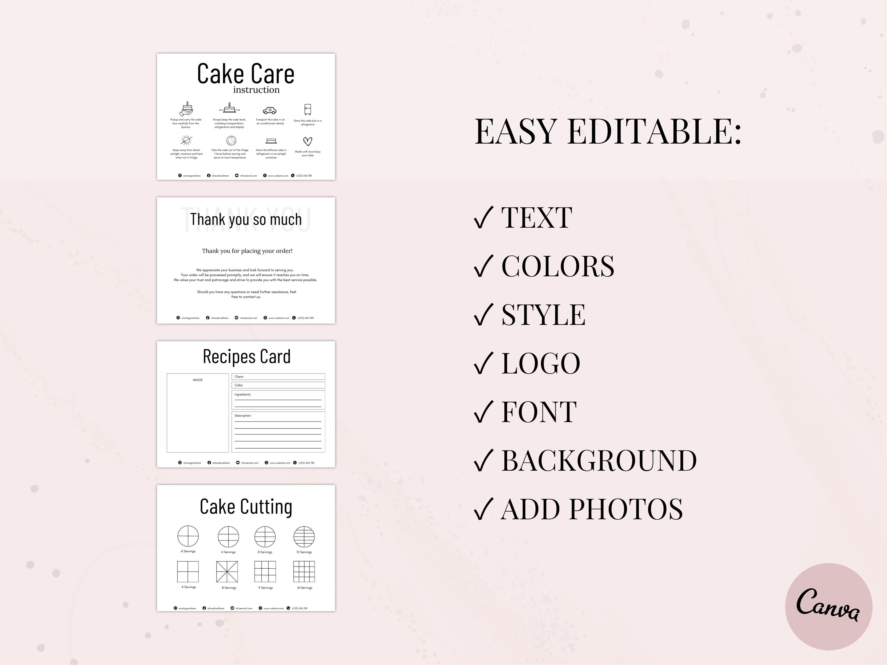 Editable Bakery Cake Care Cards Bundle, Printable Wedding Cake ...