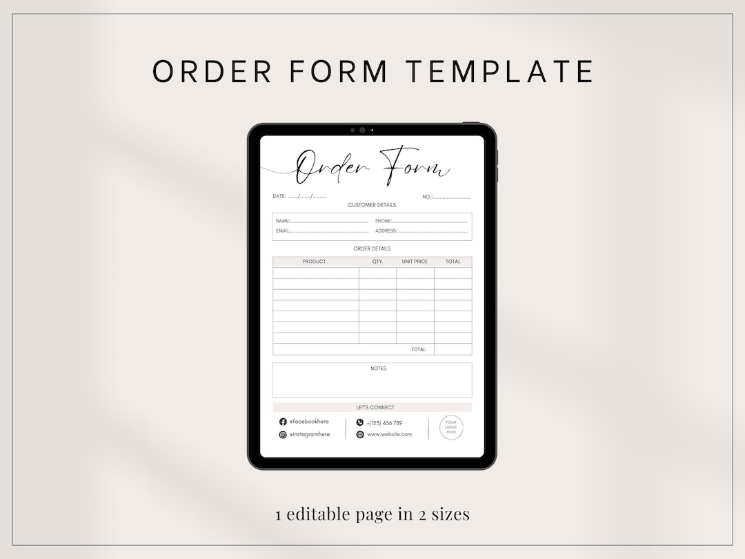 Editable Order Form Template, Professional Printable Custom Order Sheet ...