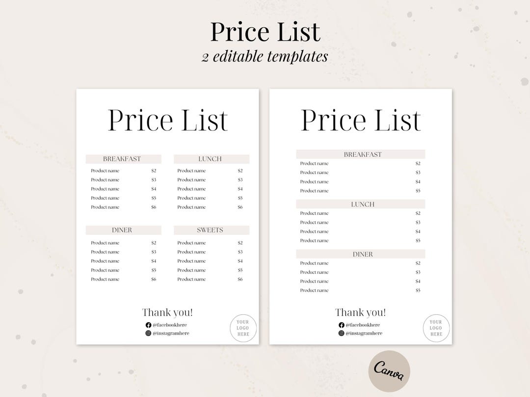 Price List Template | Editable Price List for Small Business | Bakery ...