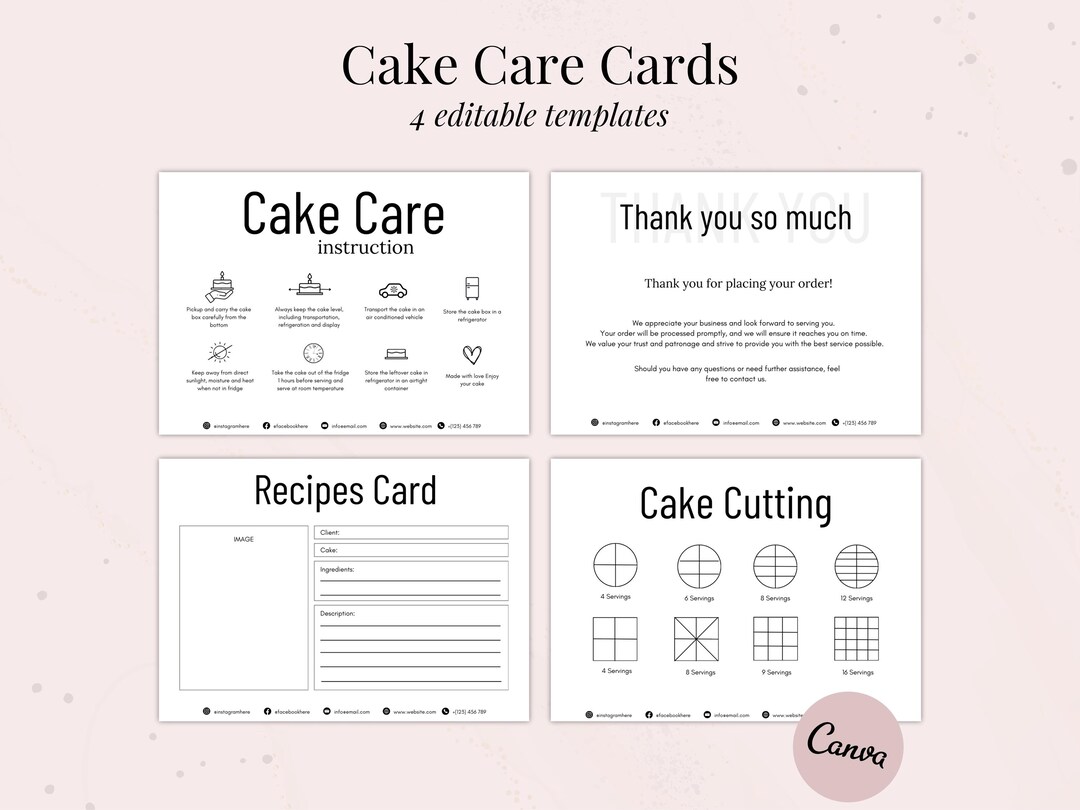 Editable Bakery Cake Care Cards Bundle, Printable Wedding Cake ...