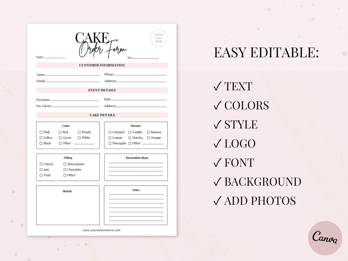 Cake Order Form | Bakery Business Forms | Pink Theme | Editable Canva ...