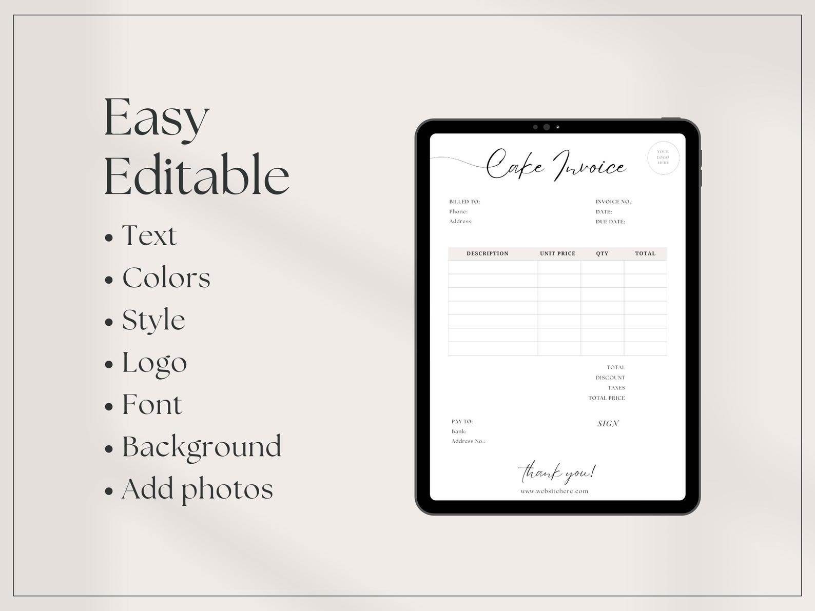 Editable Bakery Invoice Template, Minimalistic Customizable Cake ...