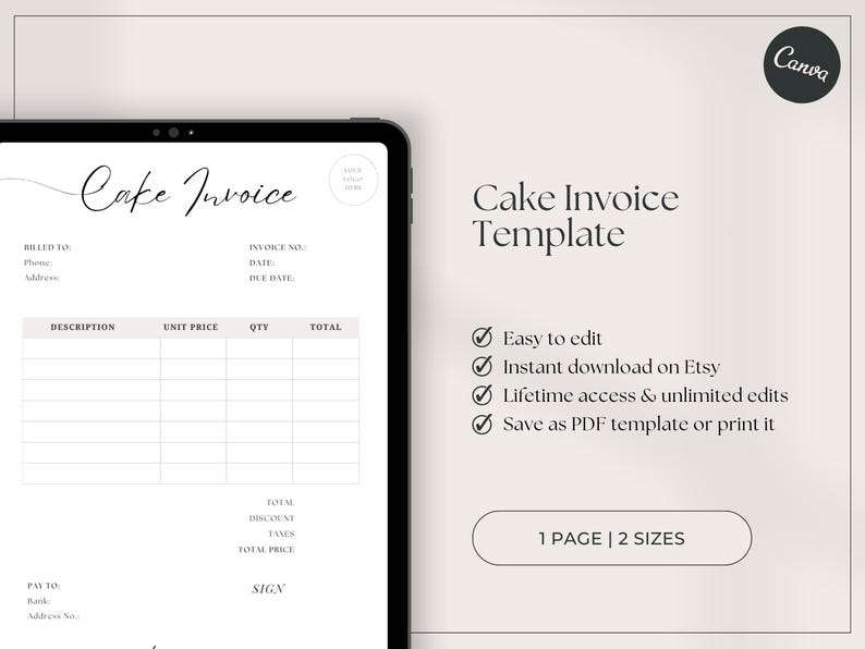 Editable Bakery Invoice Template, Minimalistic Customizable Cake ...