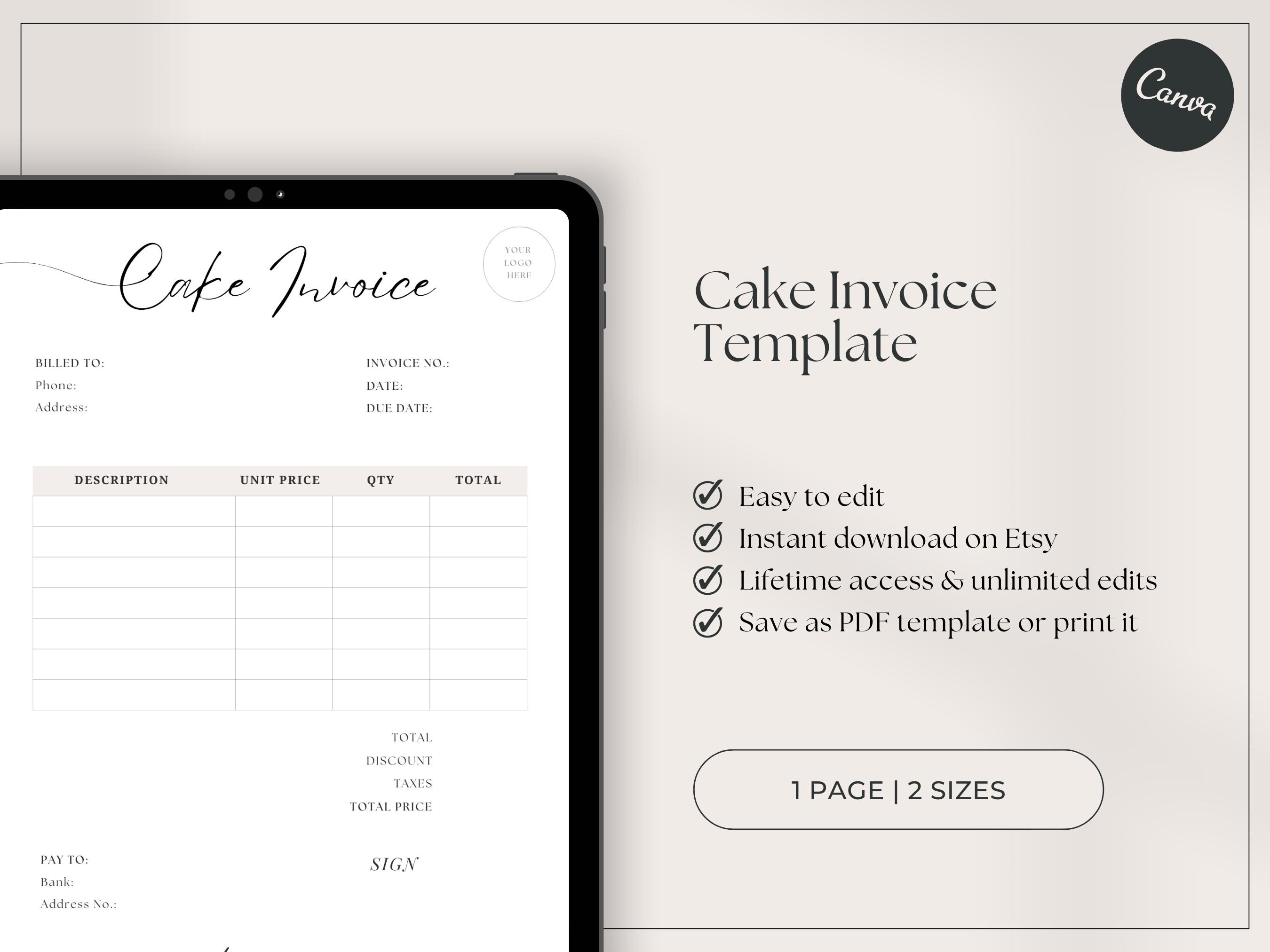 Editable Bakery Invoice Template, Minimalistic Customizable Cake ...