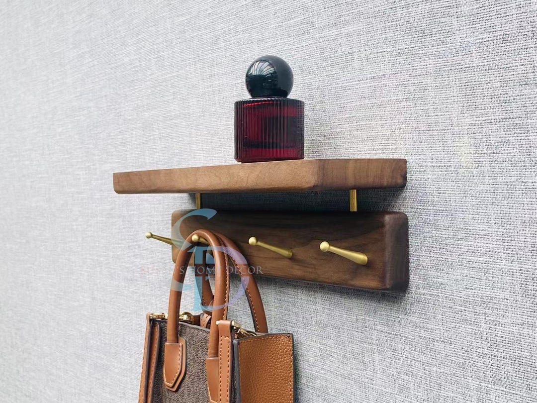 Walnut/beech Wood Peg Rail Shelf: Entryway Organizer With Metal Hooks ...