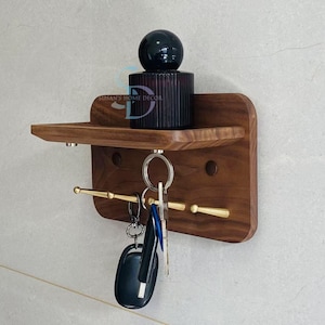 Walnut Key Rack With Shelf: Magnetic Key Holder & Brass Hooks - Etsy