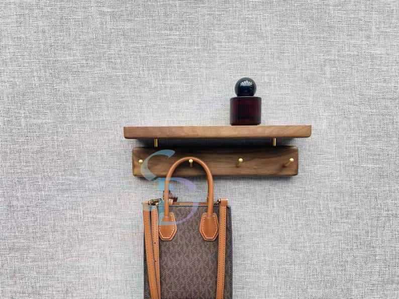 Walnut/beech Wood Peg Rail Shelf: Entryway Organizer With Metal Hooks ...