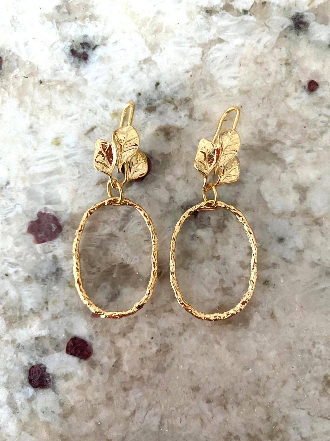 Caroline Earrings – Leaf Hooks & Hammered Oval Rings in 24K Gold-plated ...