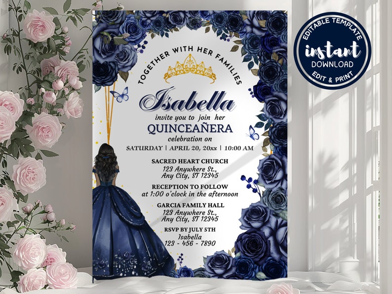Navy Blue Quinceanera Invitation, Mis XV Anos Canva, Quince Invites ...