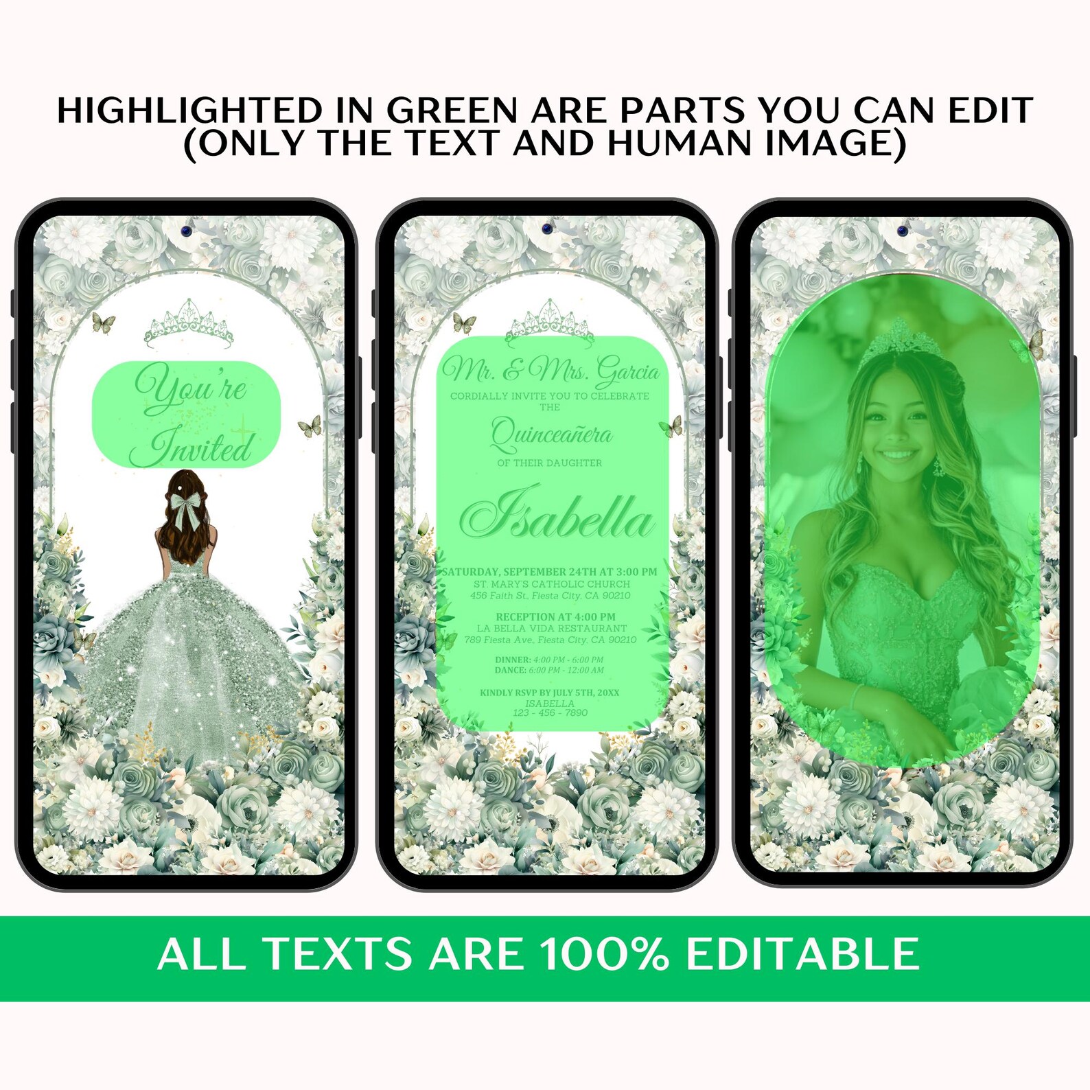 Sage Green Animated Quinceanera Invitation: Mis XV, Digital 15 Años ...