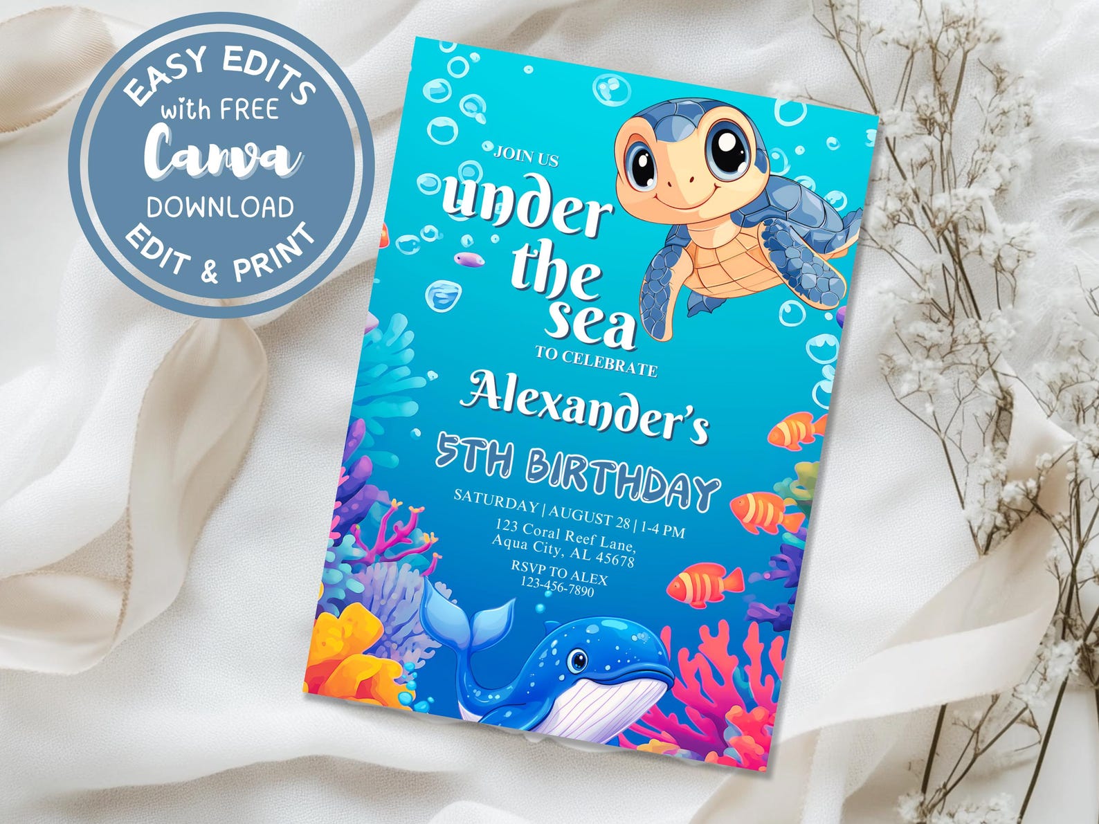 Under the Sea Birthday Invitation, Digital Sea Turtle Birthday Canva ...