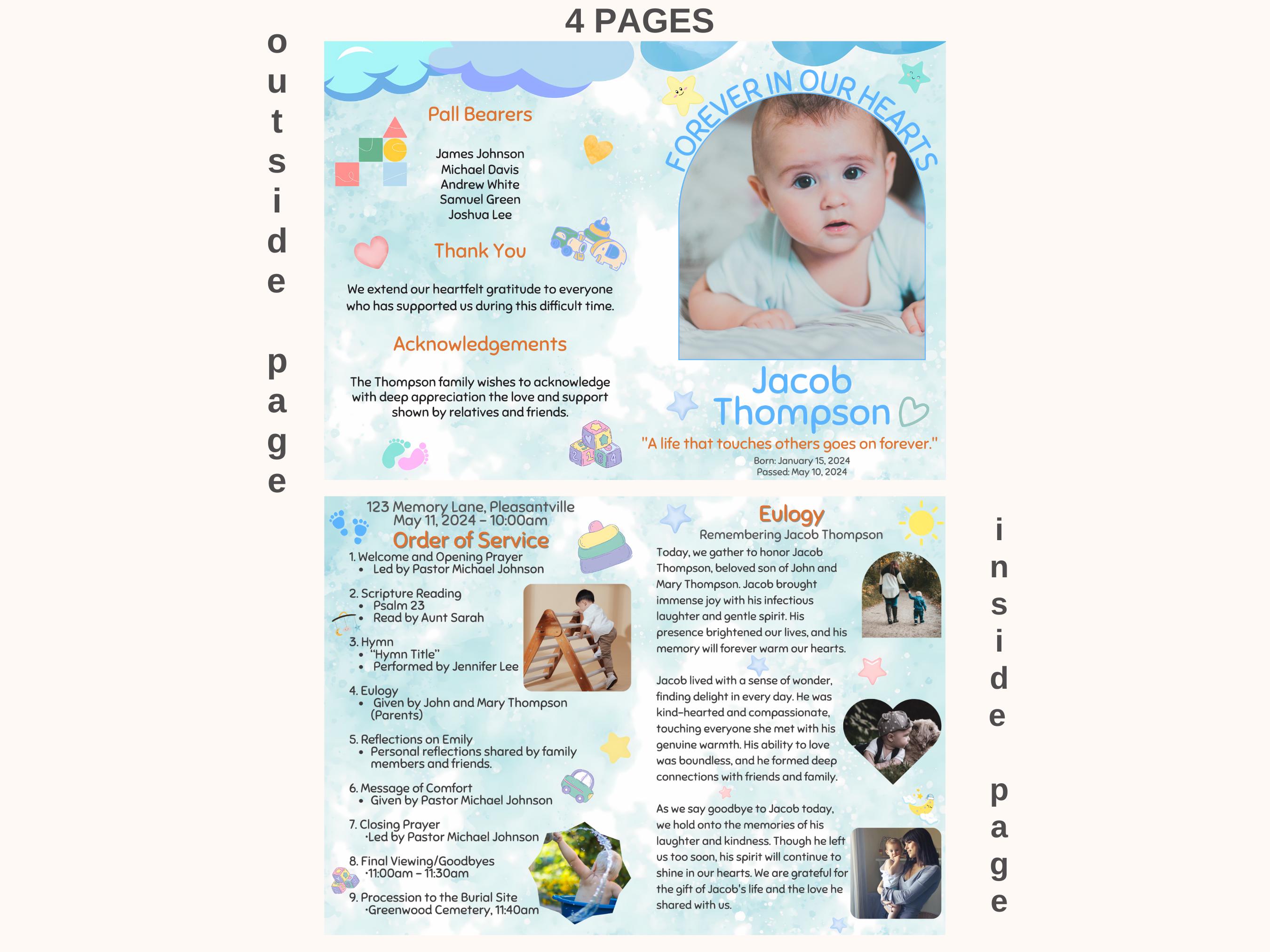 Baby Funeral Program Template: 4 Pages, Infant Obituary, Child ...