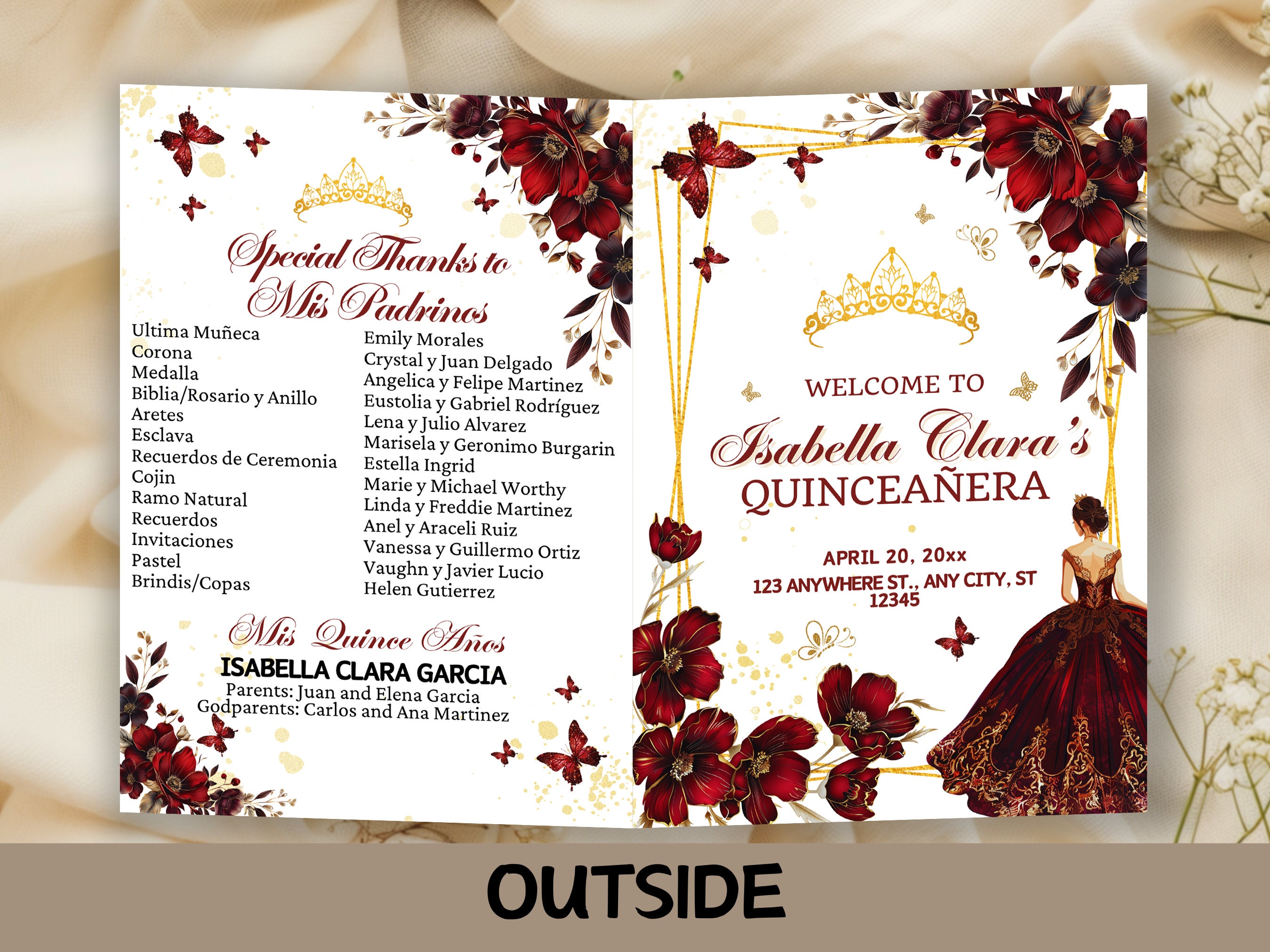 Burgundy Red and Gold Quinceanera Program Template Quinceañera Order of ...