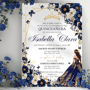 Navy Blue Quinceanera Invitation, Mis XV Anos Canva, Quince Invites ...