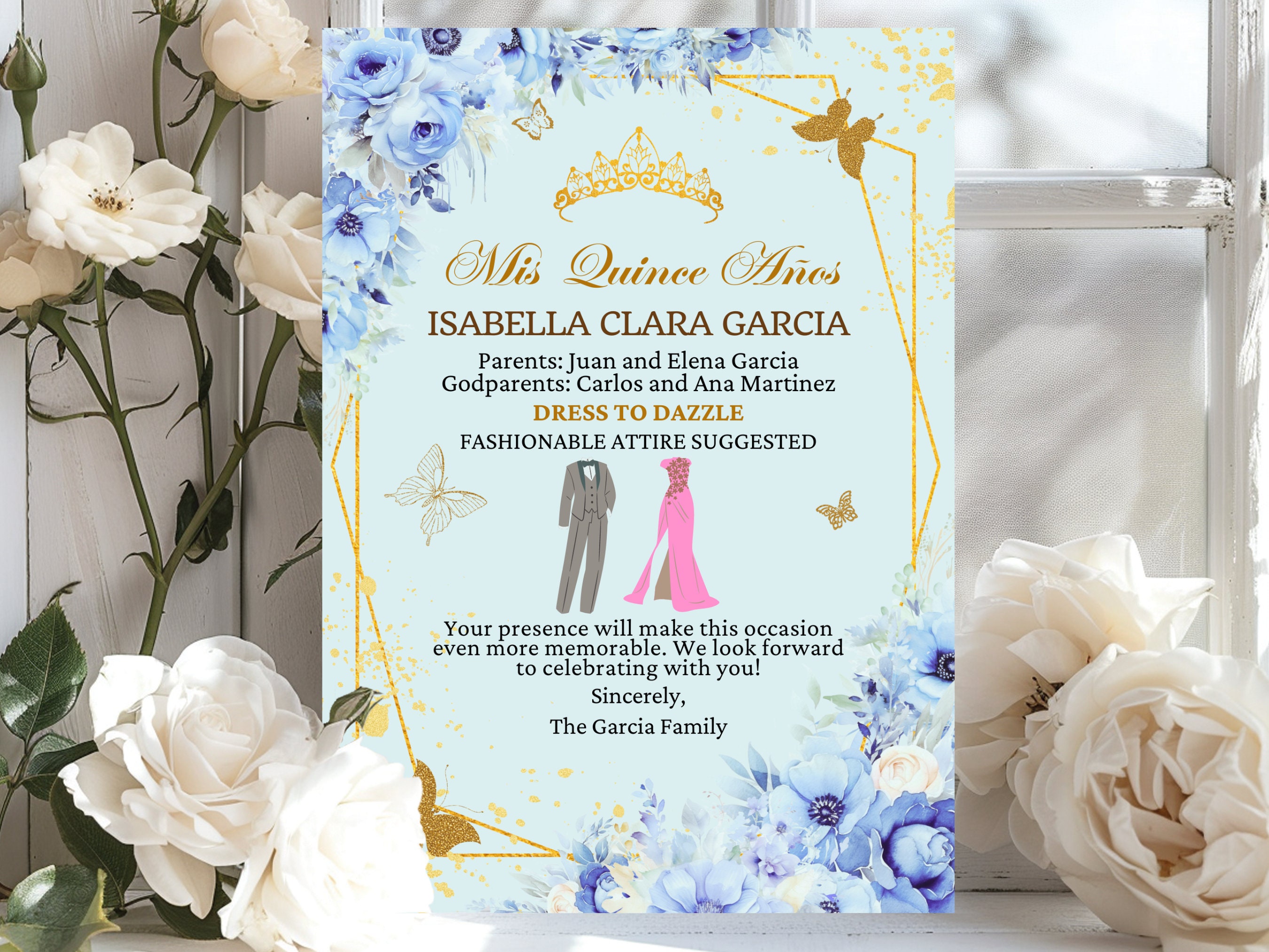 Light Blue Quinceanera Invitation EDITABLE Floral Sweet 15 Birthday ...
