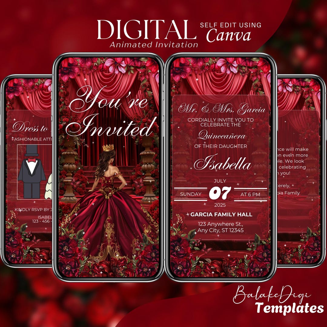 Burgundy Quinceanera Invitation Digital: Animated Mis XV Template, 15 ...