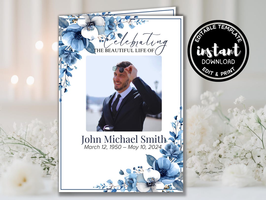 Blue Floral Funeral Program Template: Celebration of Life Invitation, 4 ...