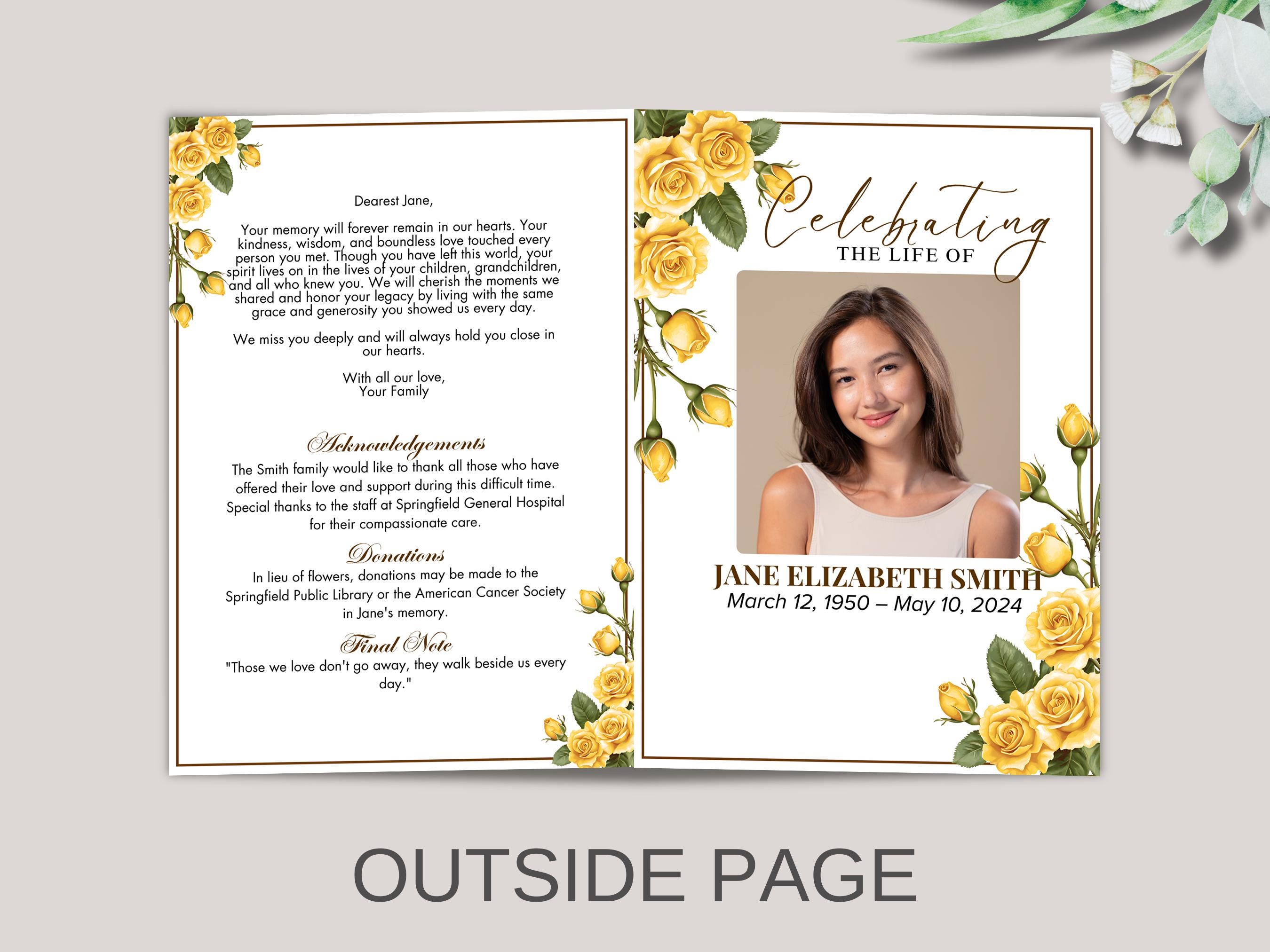 Celebration of Life Invitation: 4 Page Program, Yellow Unisex Funeral ...