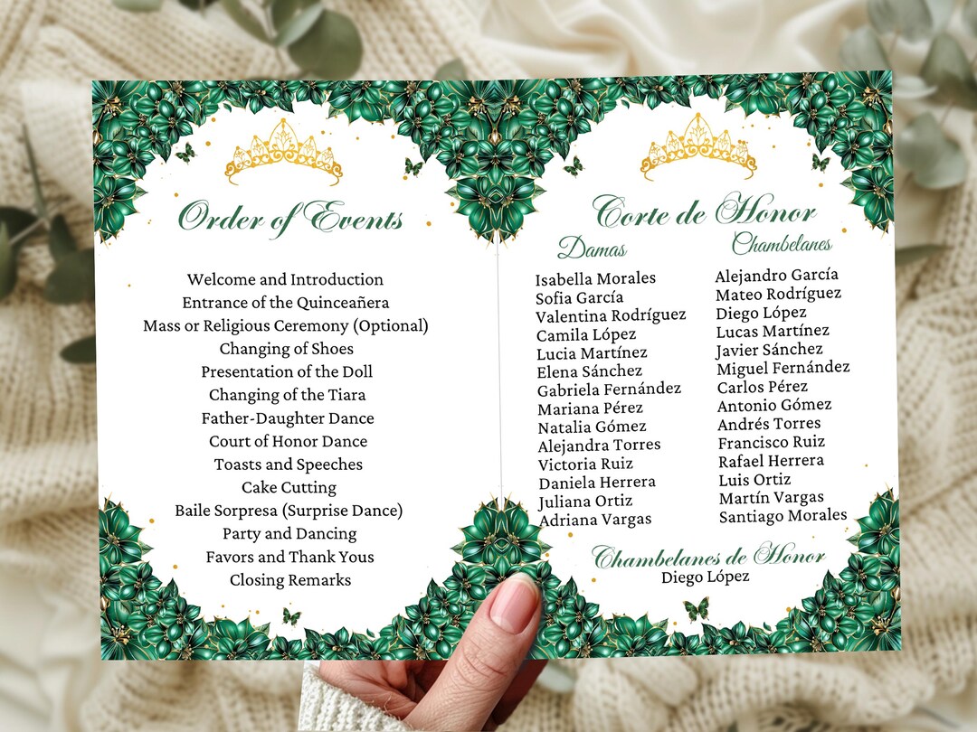 Emerald Green Quinceanera Program Template Quinceañera Order of Events ...
