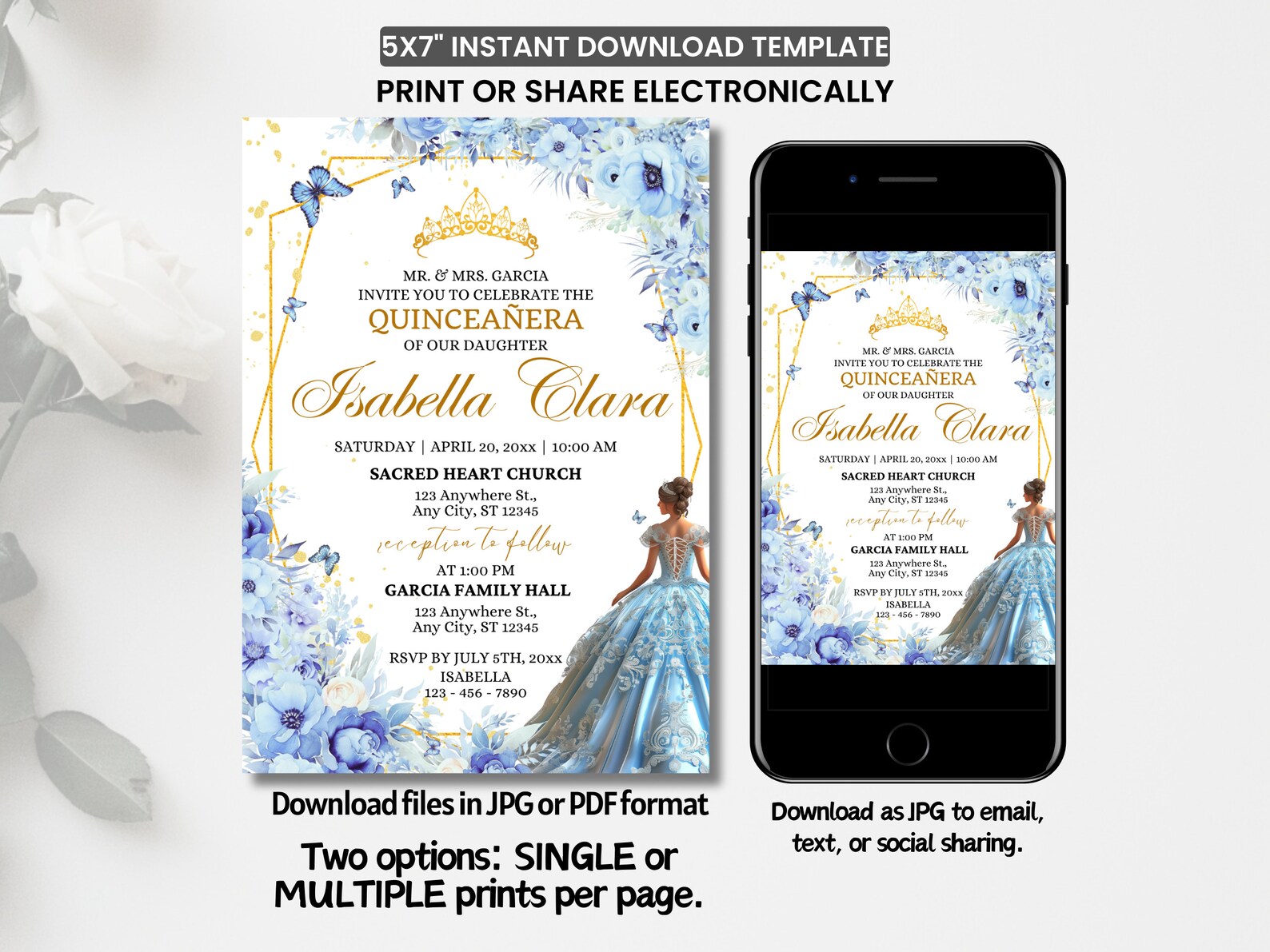Light Blue Quinceanera Invitation EDITABLE Floral Sweet 15 Birthday ...