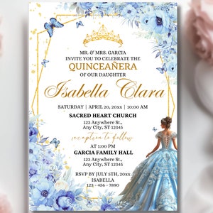 Light Blue Quinceanera Invitation EDITABLE Floral Sweet 15 Birthday ...