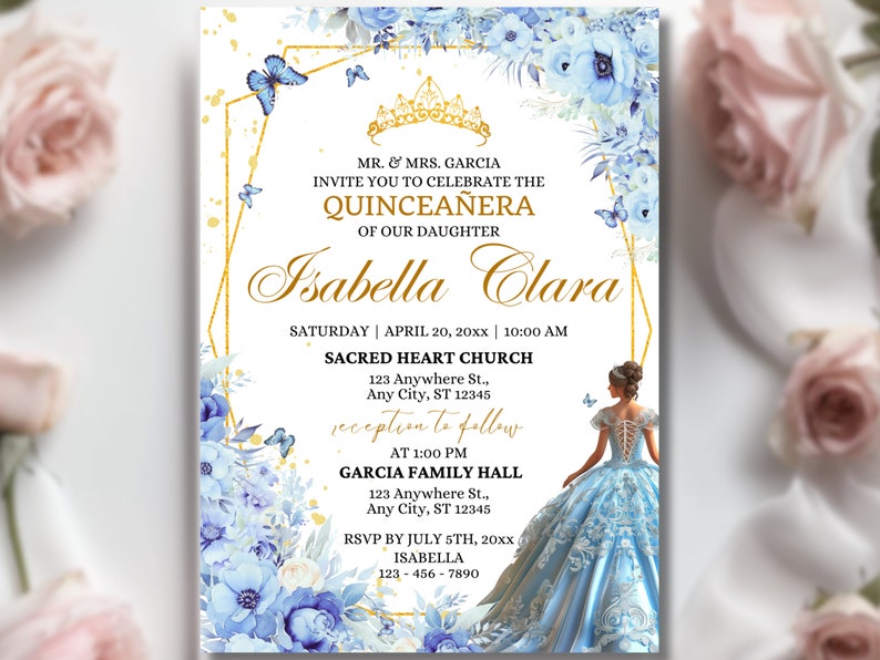 Light Blue Quinceanera Invitation EDITABLE Floral Sweet 15 Birthday ...