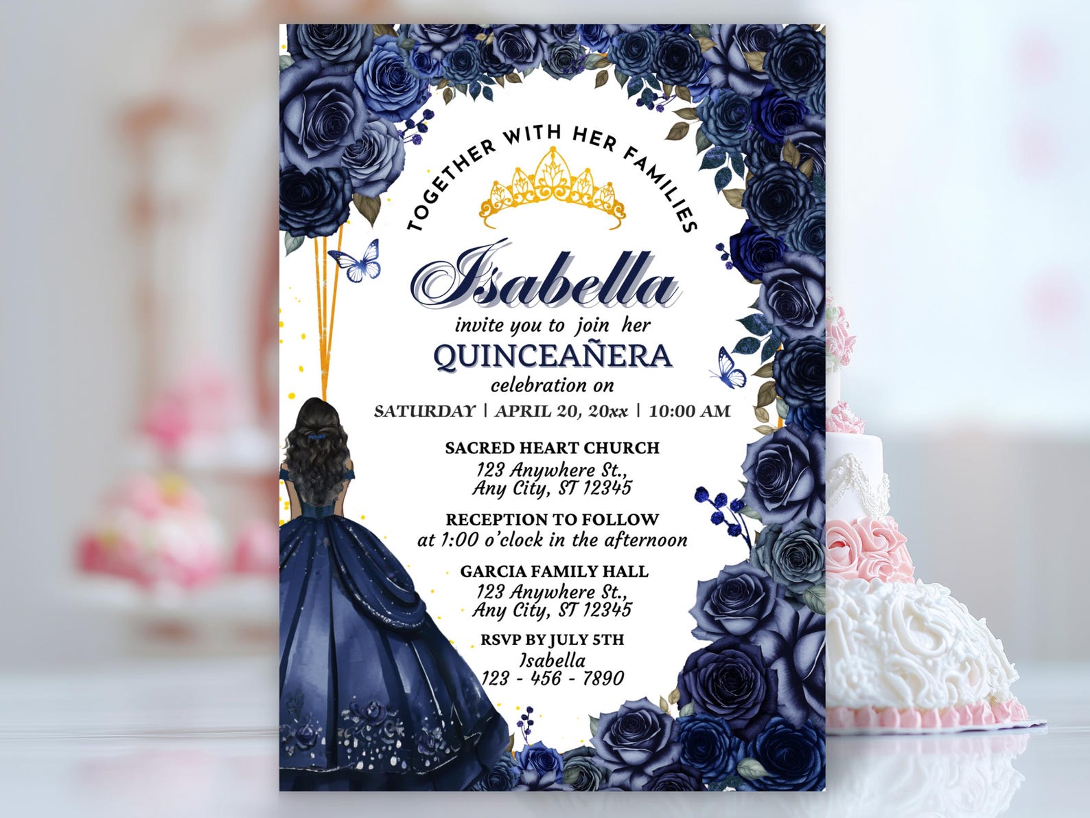 Navy Blue Quinceanera Invitation, Mis XV Anos Canva, Quince Invites ...