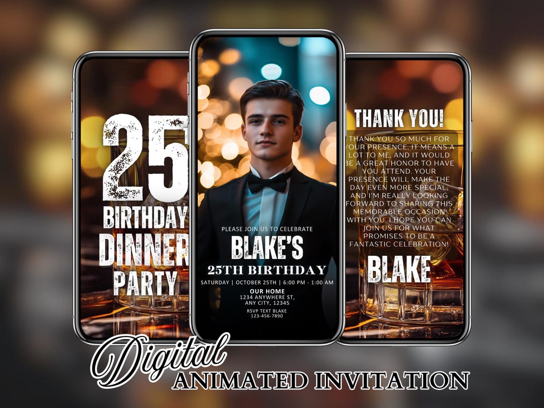 Digital Birthday Invites, Birthday Dinner Party Invitation Men ...