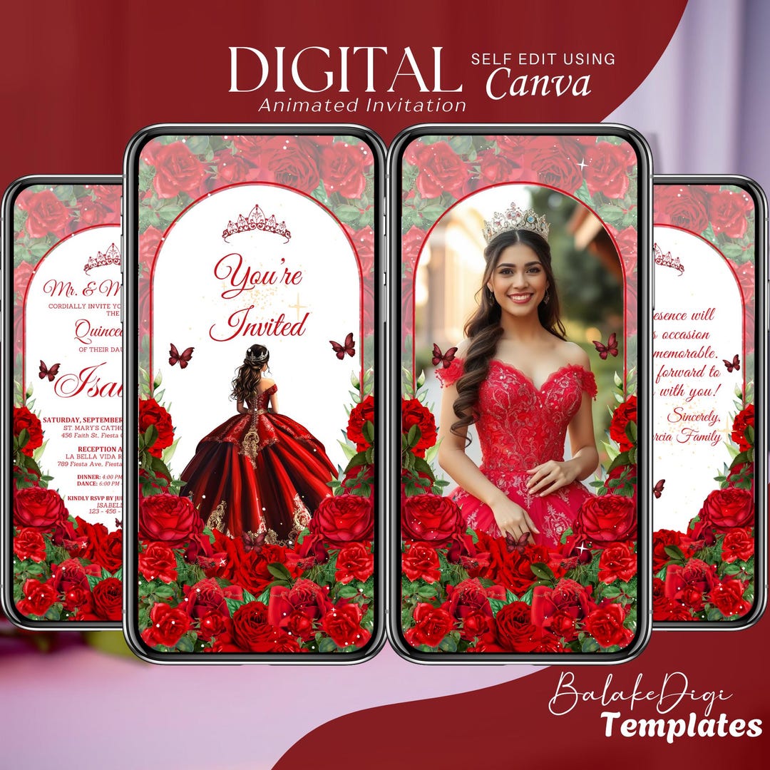 Red Rose Invitation Digital: Animated Mis XV Template, 15 Years Old ...